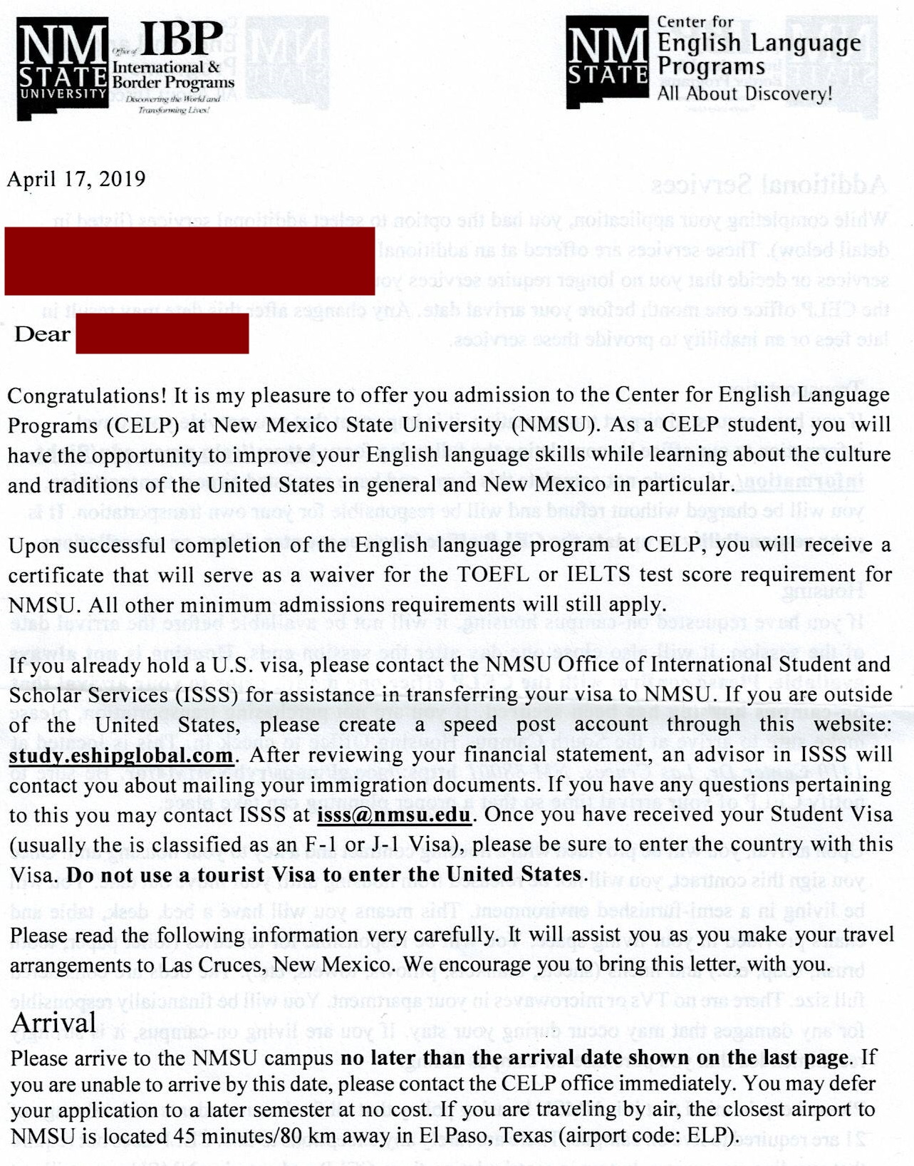 포토갤러리 - New Mexico State University의 2019년 가을학기 어학연수 과정의 I-20 Form와 입학 ...